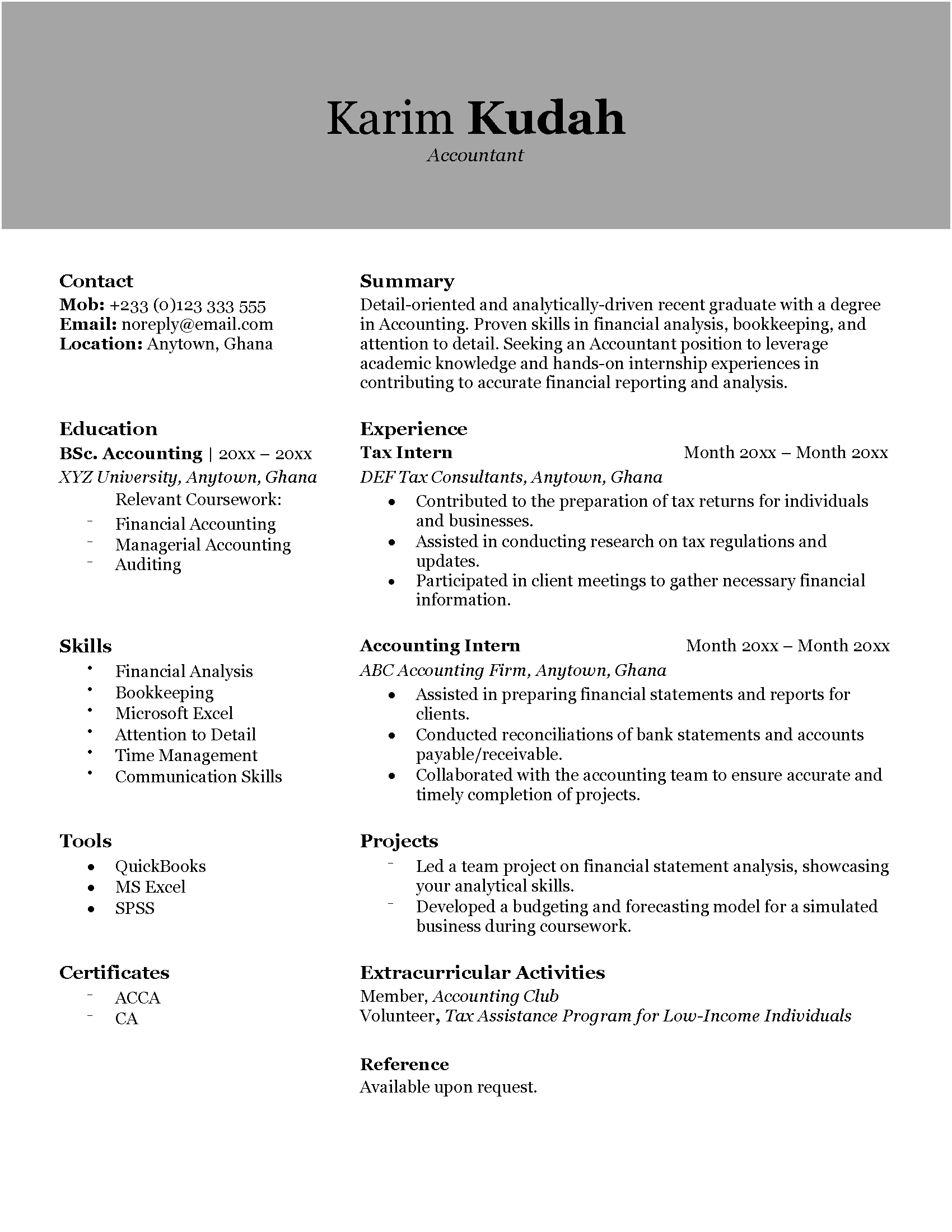 BSc. Accounting CV Template – CVBoss Africa