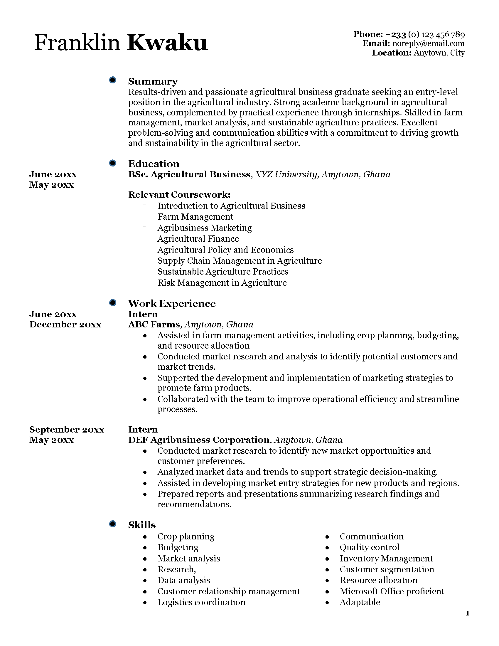 BSc Agribusiness CV Template – CVBoss Africa