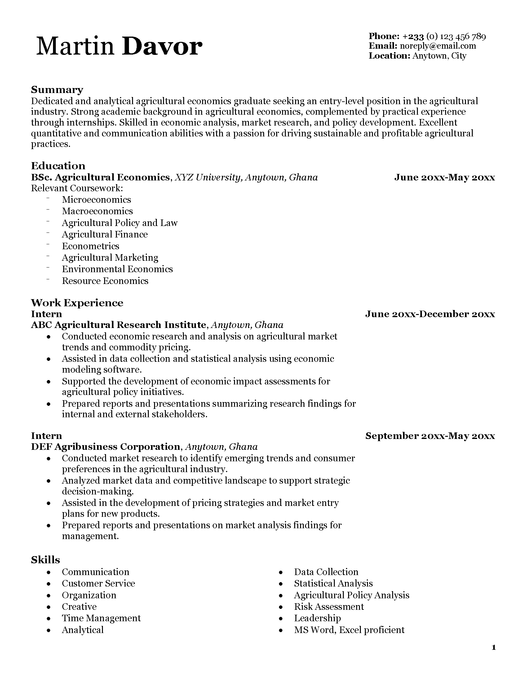 BSc Agric Econs CV Template – CVBoss Africa