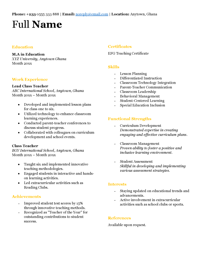 Class Teacher CV Template – CVBoss Africa