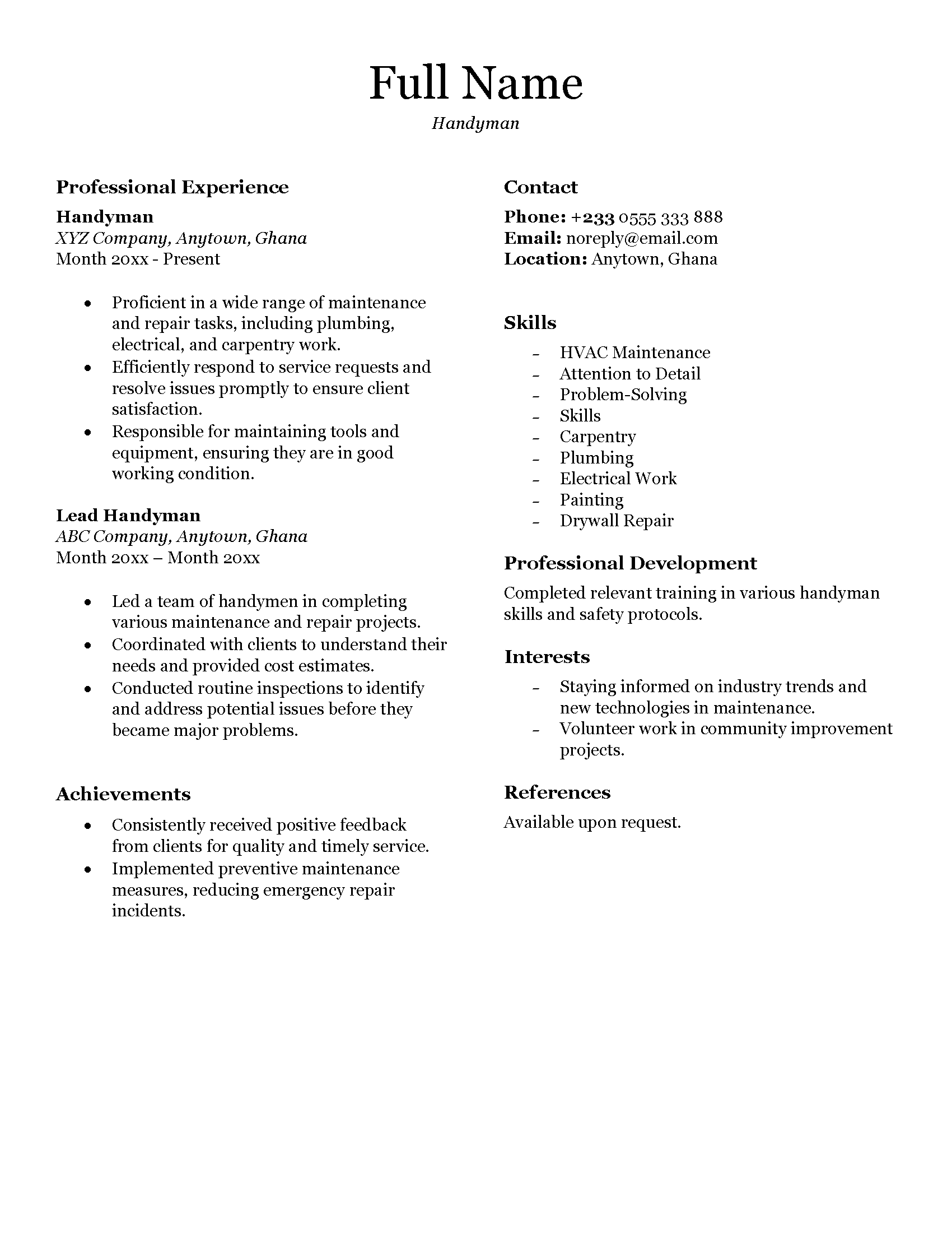 Handyman CV Template – CVBoss Africa