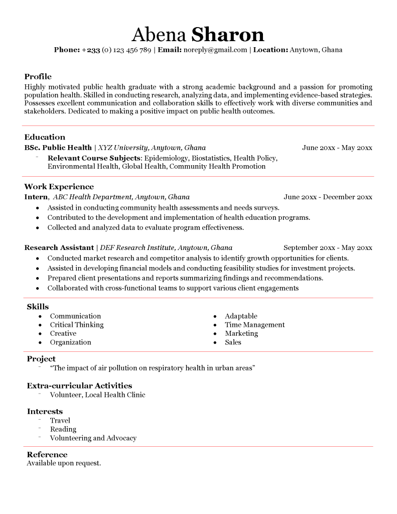 BSc Public Health CV Template – CVBoss Africa